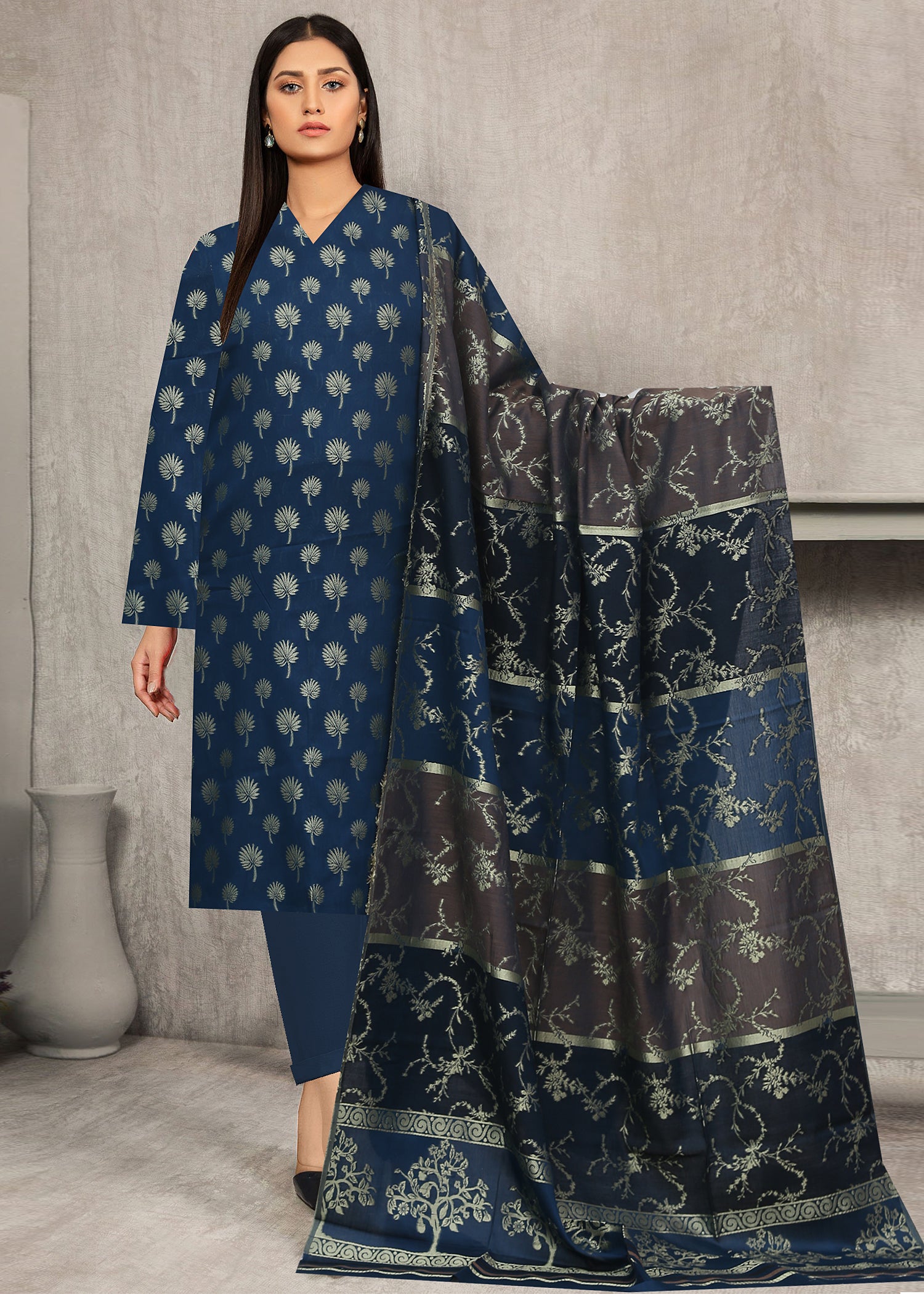 TEAL BLUE Lawn Brosha 3PC Suit ( Unstitched ) – hatimtai-pakistan