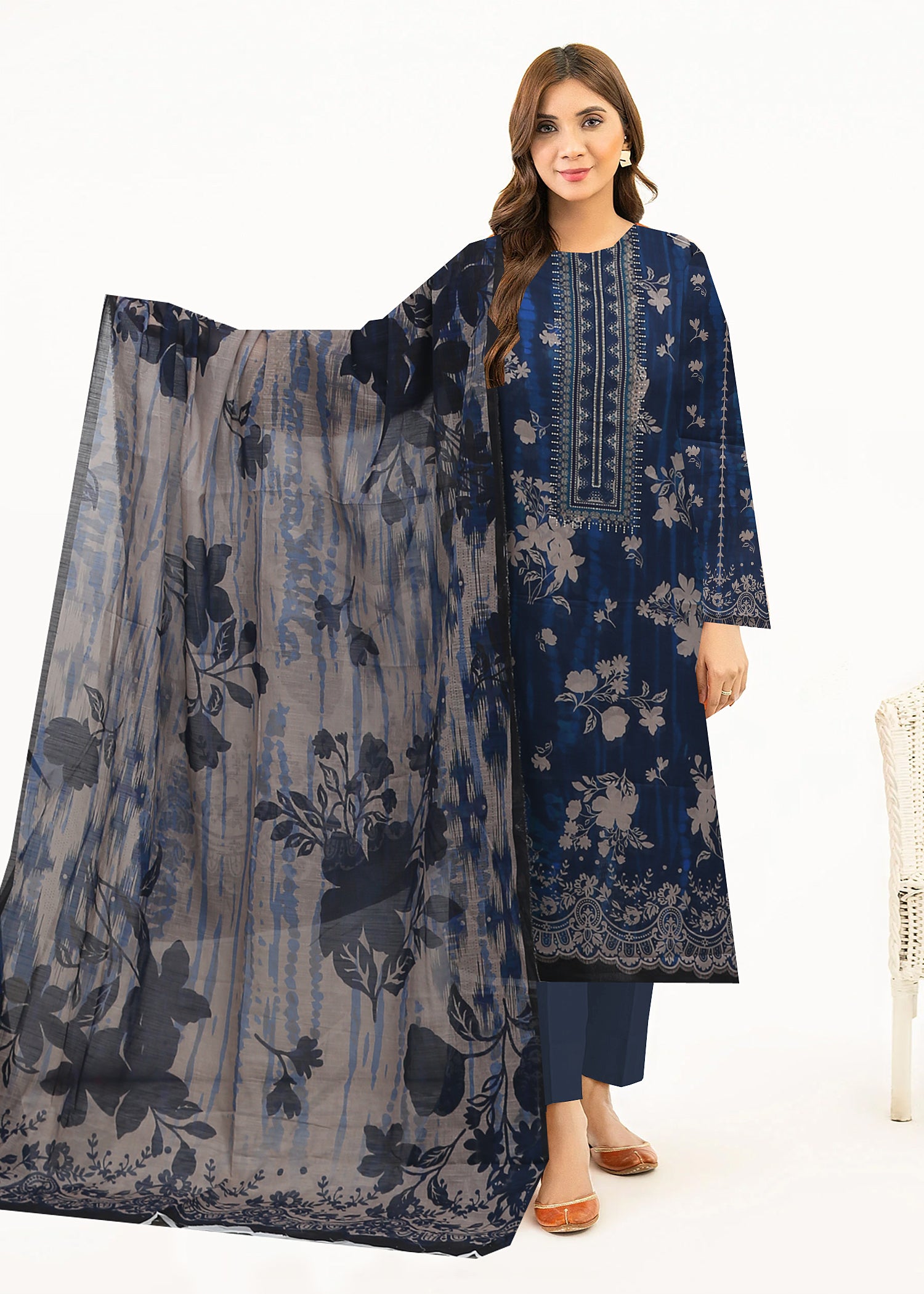 NAVY BLUE AND SKIN Digital Printed 3Pc suit with Luxury Voile Dupatta ...